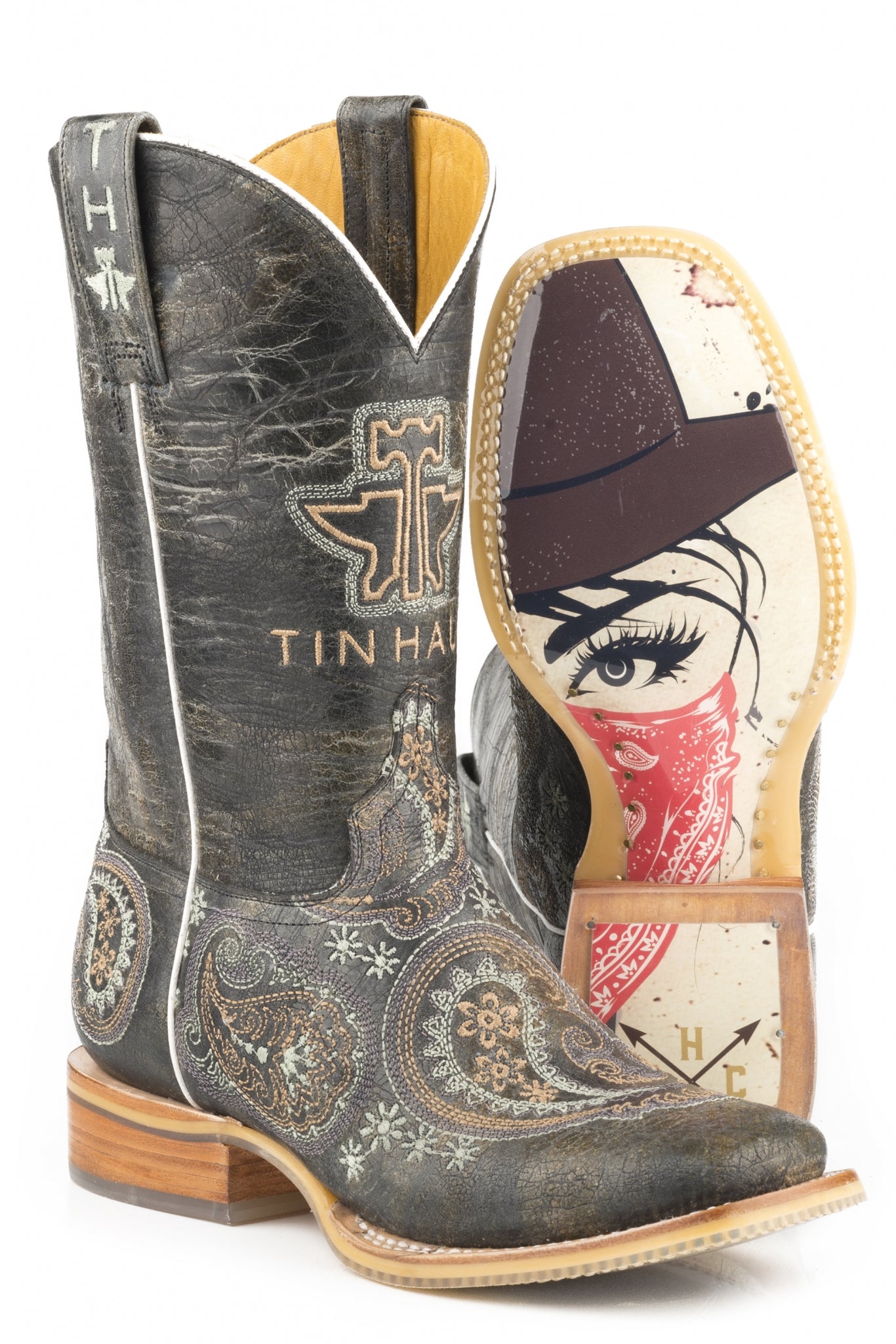 Tin Haul Ladies Square Toe Boots - Bandana Bandit with Wild Rag Sole ...